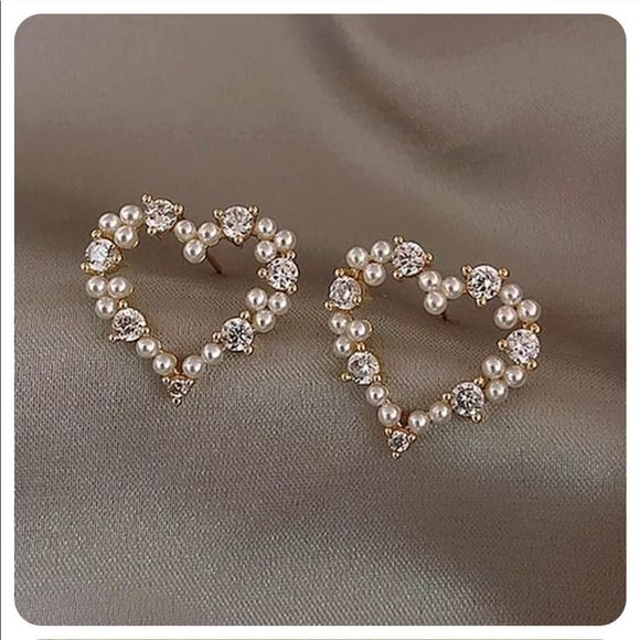 Jewelry | Heart Rhinestones Pearl Wedding Earrings | Poshmark
